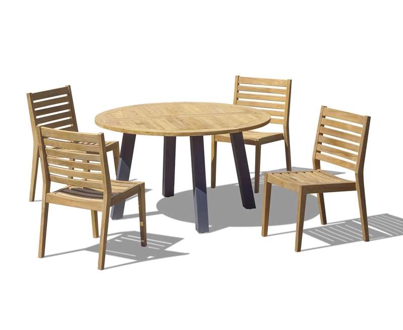 Disk Teak and Steel 1.3m Round Table & 4 Vero Stacking Chairs